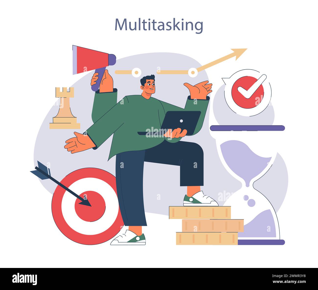 Multitasking. Energetic individual juggling tasks symbolized by chess ...