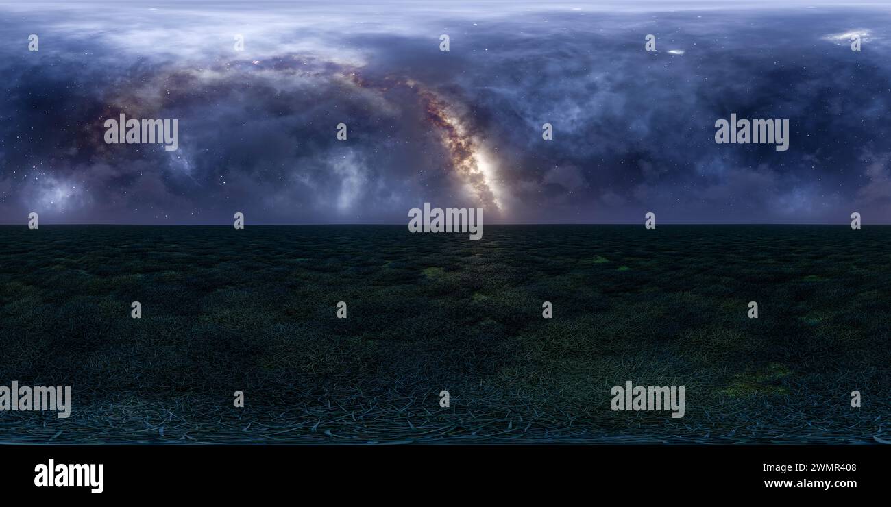 night sky over green grass field 360 panorama vr environment map Stock ...