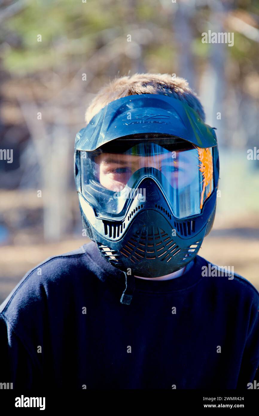 Loudoun County, Virginia, USA - February 25, 2024: A paintball player ...