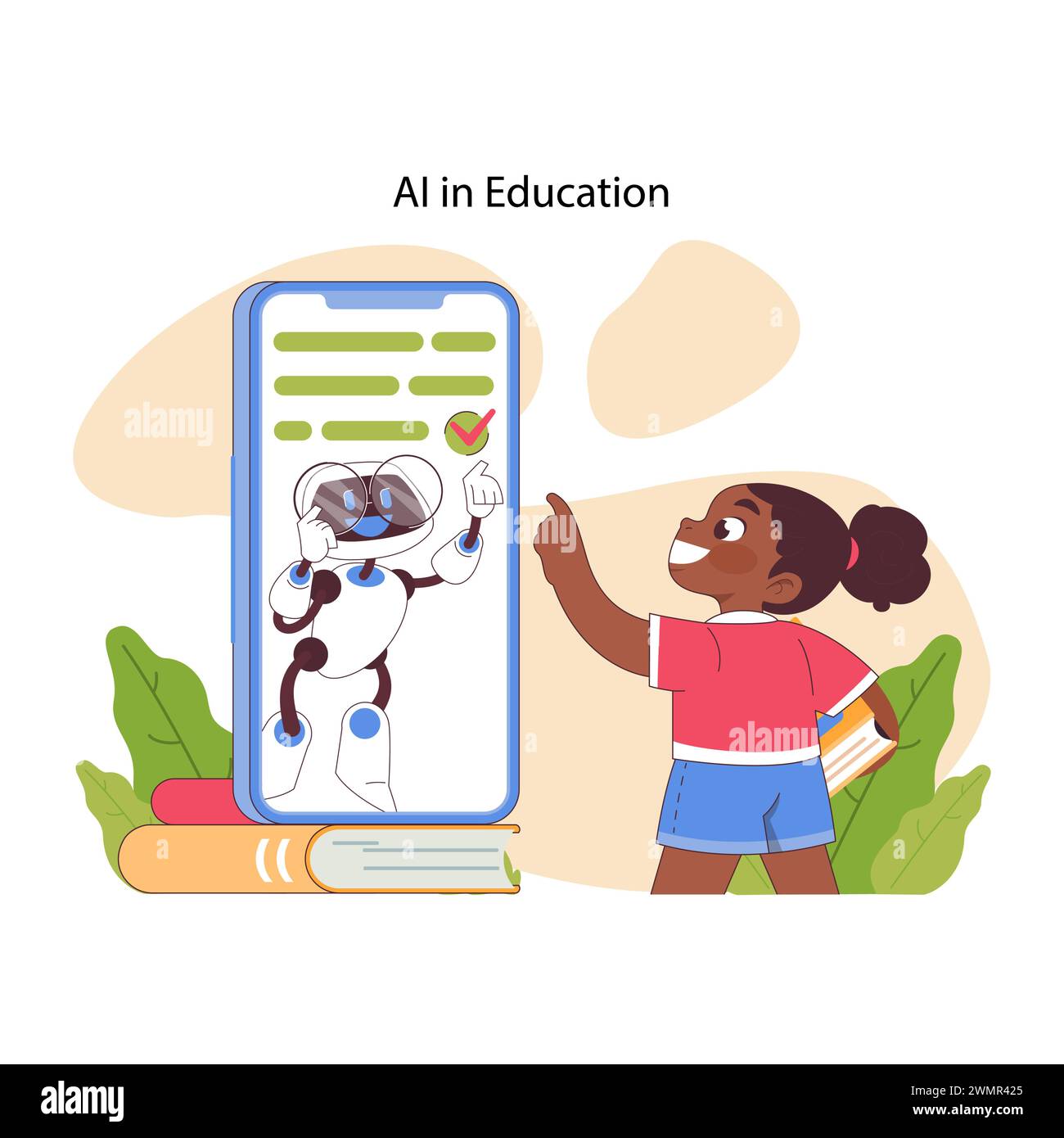 AI in Education concept. A cheerful student interacts with a virtual AI ...