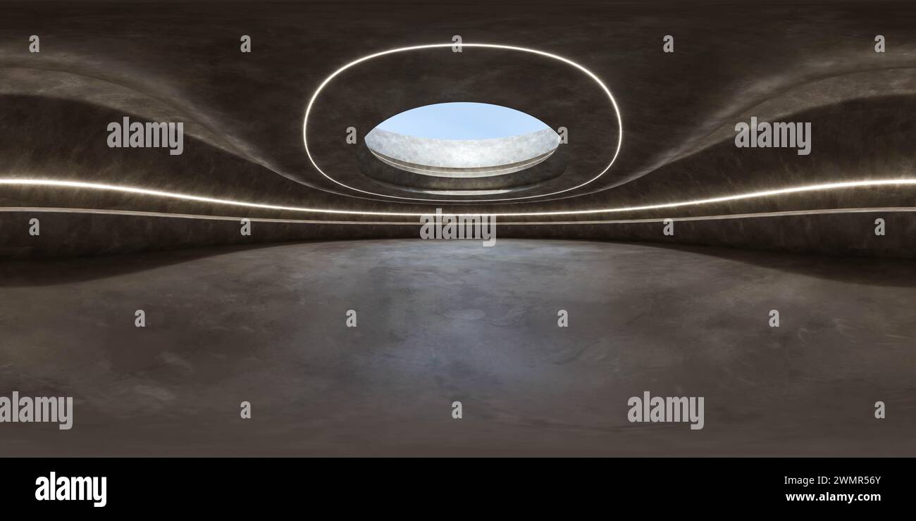 Modern tunnel interior with circular skylight and ambient lighting 360 panorama vr environment ...