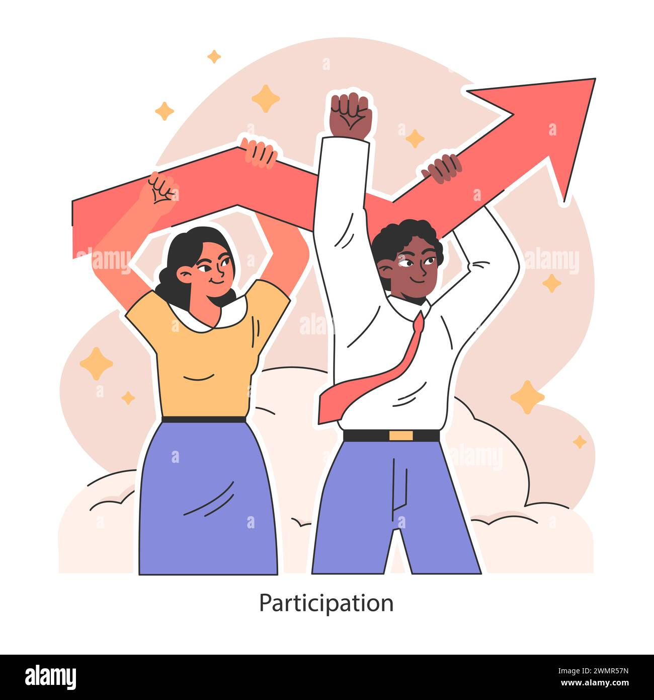 Participation. Employees team uplifts a rising arrow, showcasing joint ...