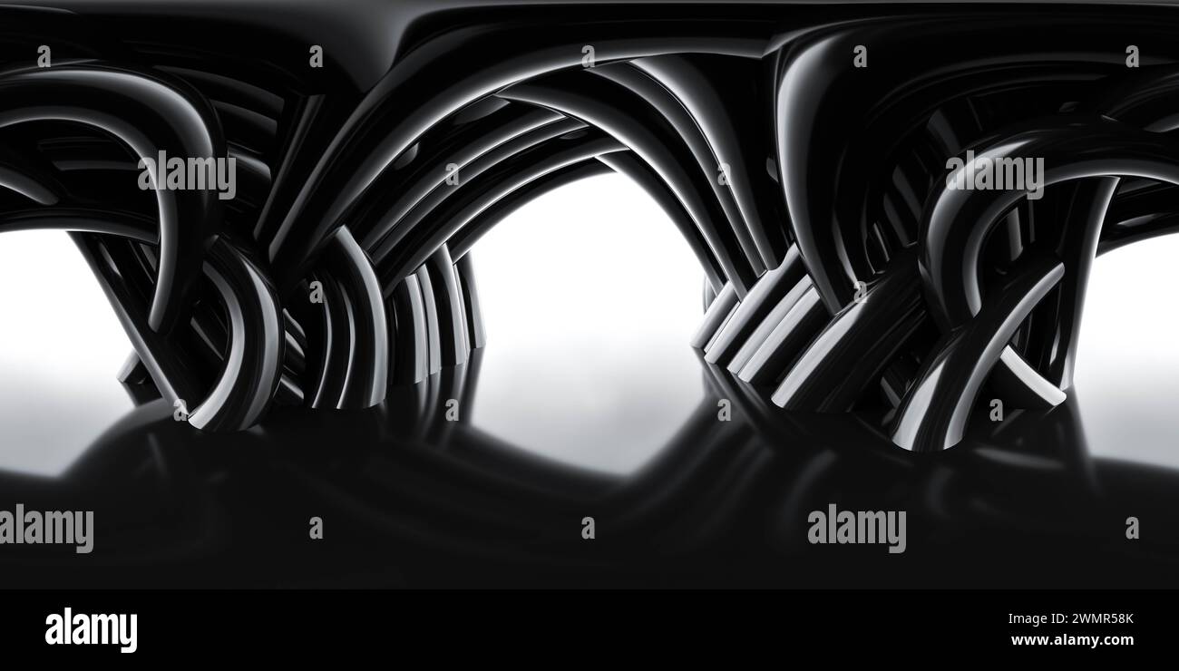 Abstract black and white curved structures in a reflective symmetrical ...