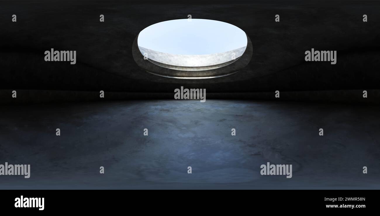 Circular skylight piercing through a dark ceiling on a clear day 360 ...