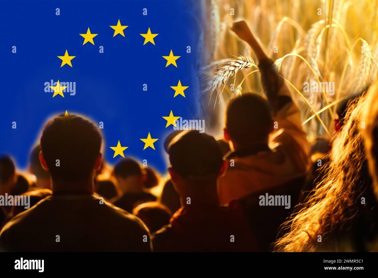 Farmers protest in Europe. Flag, wheat and people background. Farmers ...