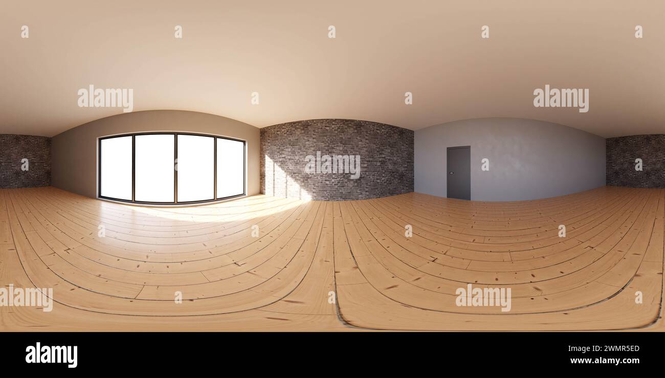 Empty modern room with panoramic windows and hardwood floors at daytime ...