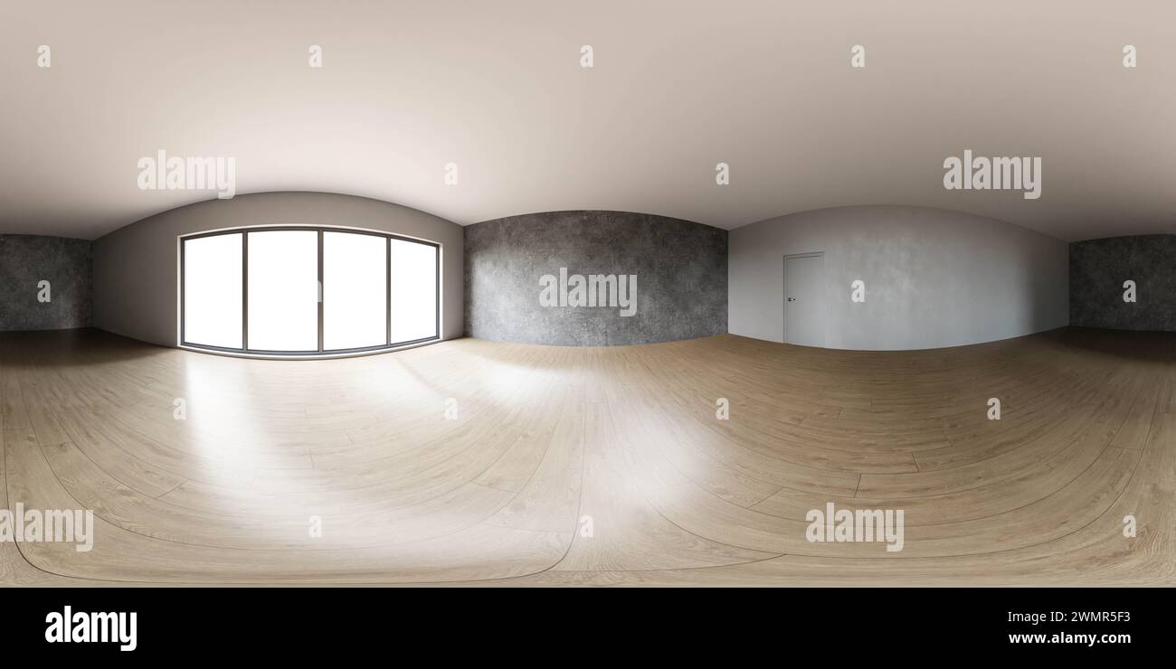 Spacious interior of a modern empty room with large windows and wood ...