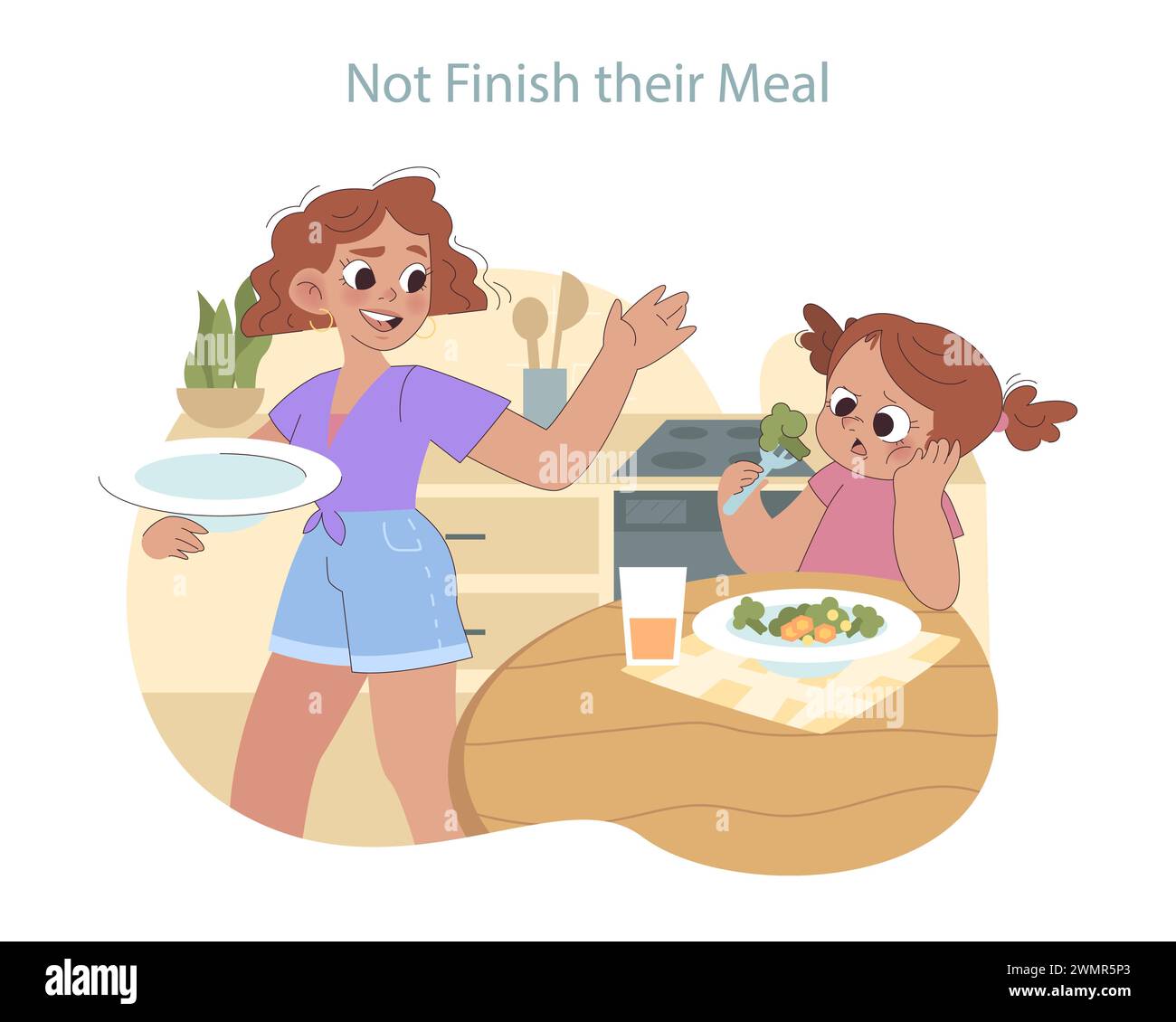 Mealtime Understanding concept. A child contemplates her vegetables ...
