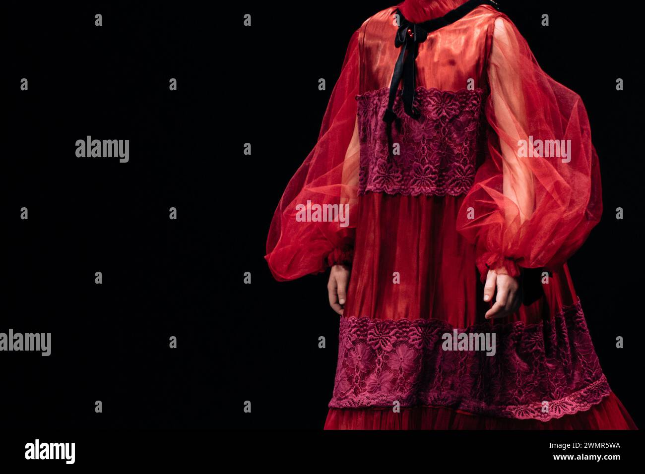 Red puff sleeve satin dress. Female clothing elegant outfit Stock Photo ...