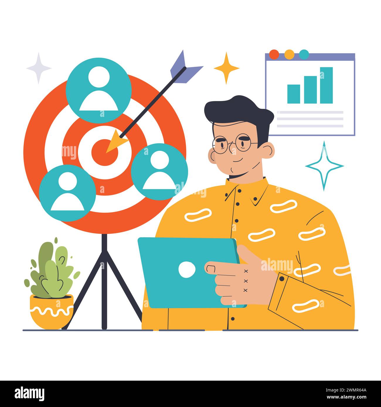 Target Audience concept. Man with tablet beside a dartboard, zeroing in on specific user groups ...