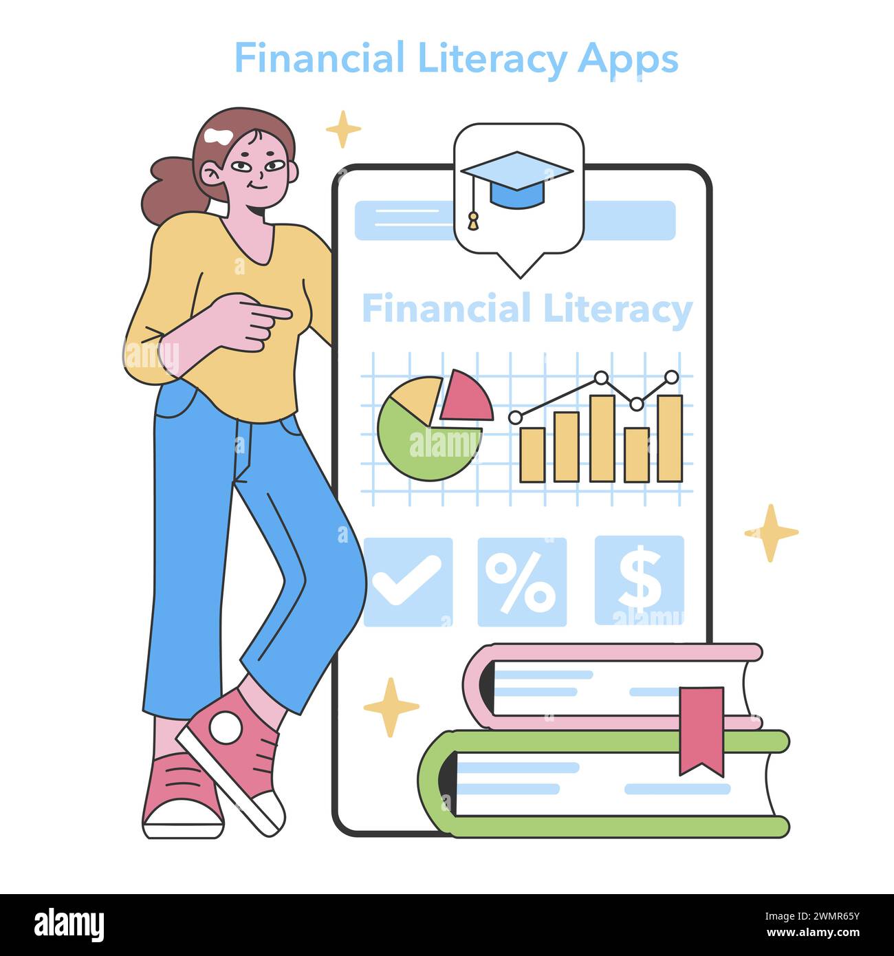 Financial Literacy Apps concept. Highlights the tools for enhancing ...