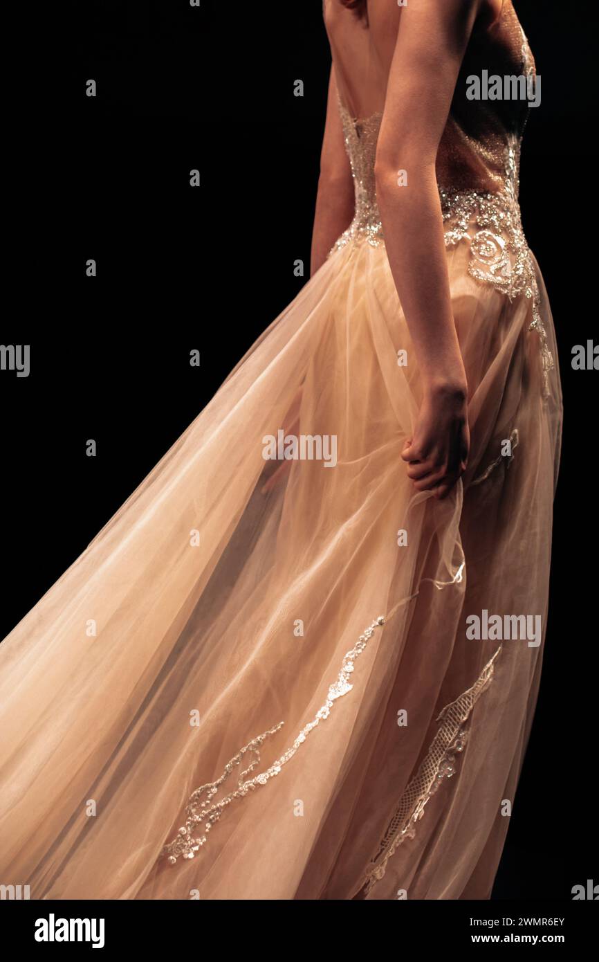 Elegant long evening beige chic dress on a black background. Feminine ...
