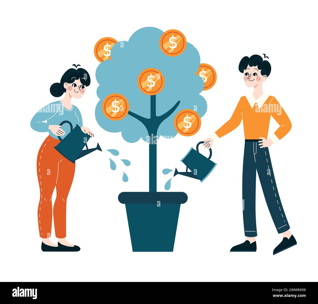Investment growth concept. Entrepreneurs nurturing a money tree, symbolizing financial care and ...