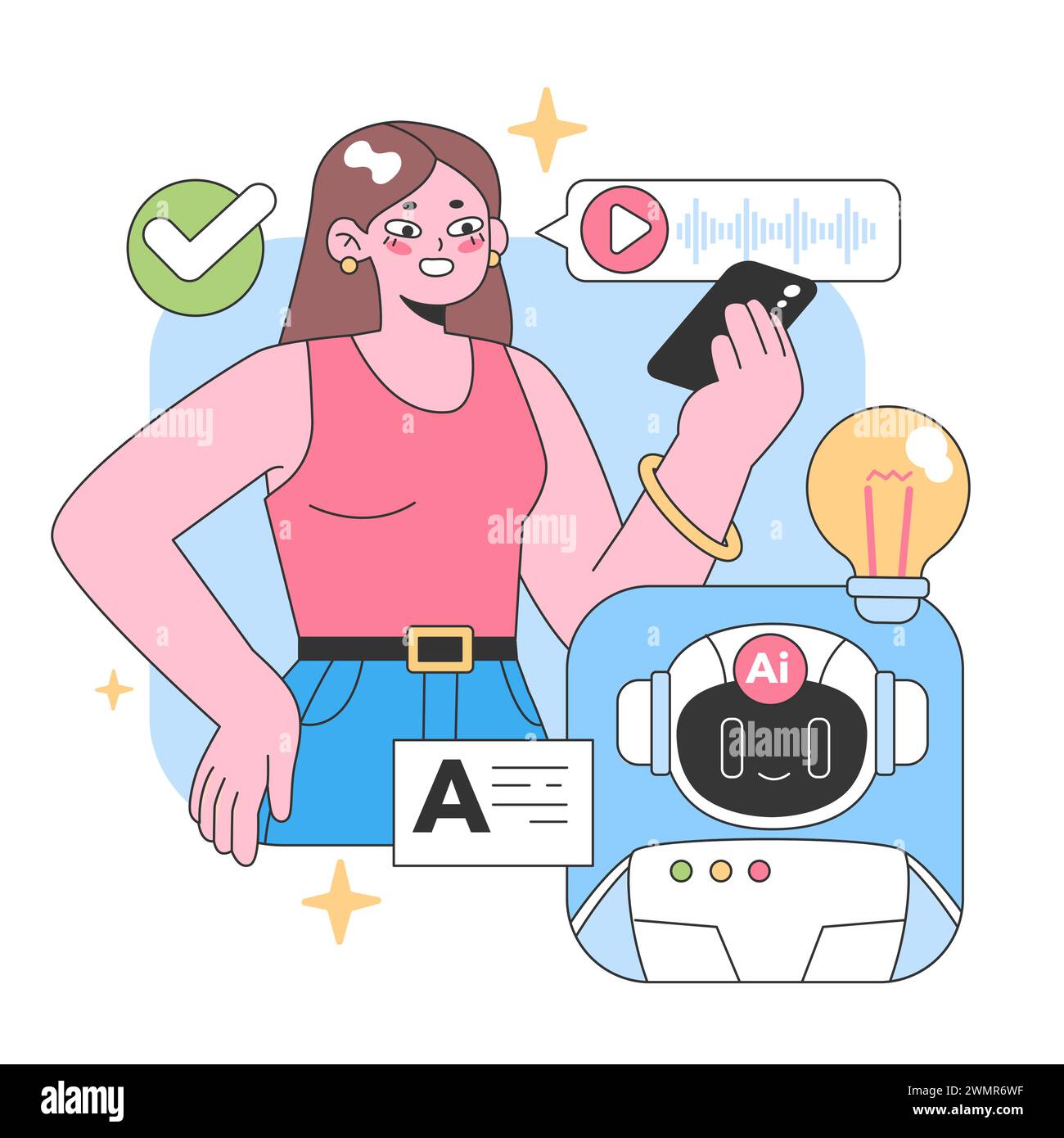 Confident woman engages with virtual assistant on phone, AI bot ready to assist. Task execution ...