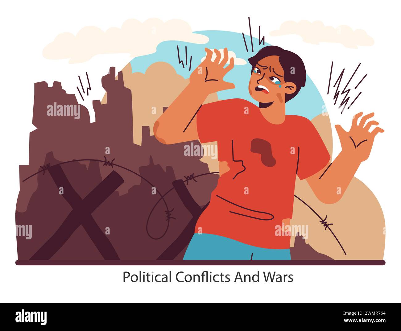 War and conflict theme. A terrified individual in the rubble of ...