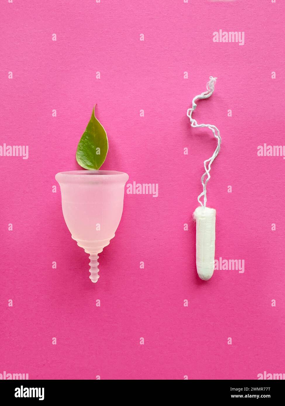A reusable silicone menstrual cup and standard tampon on magenta paper ...