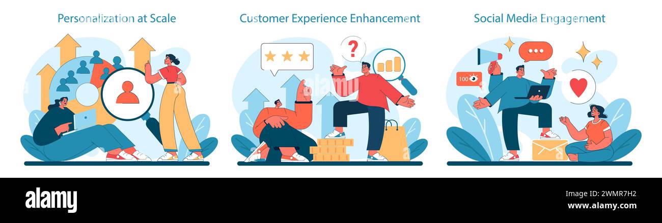 Marketing 5.0 set. Illustrates real-time support, tailored content ...