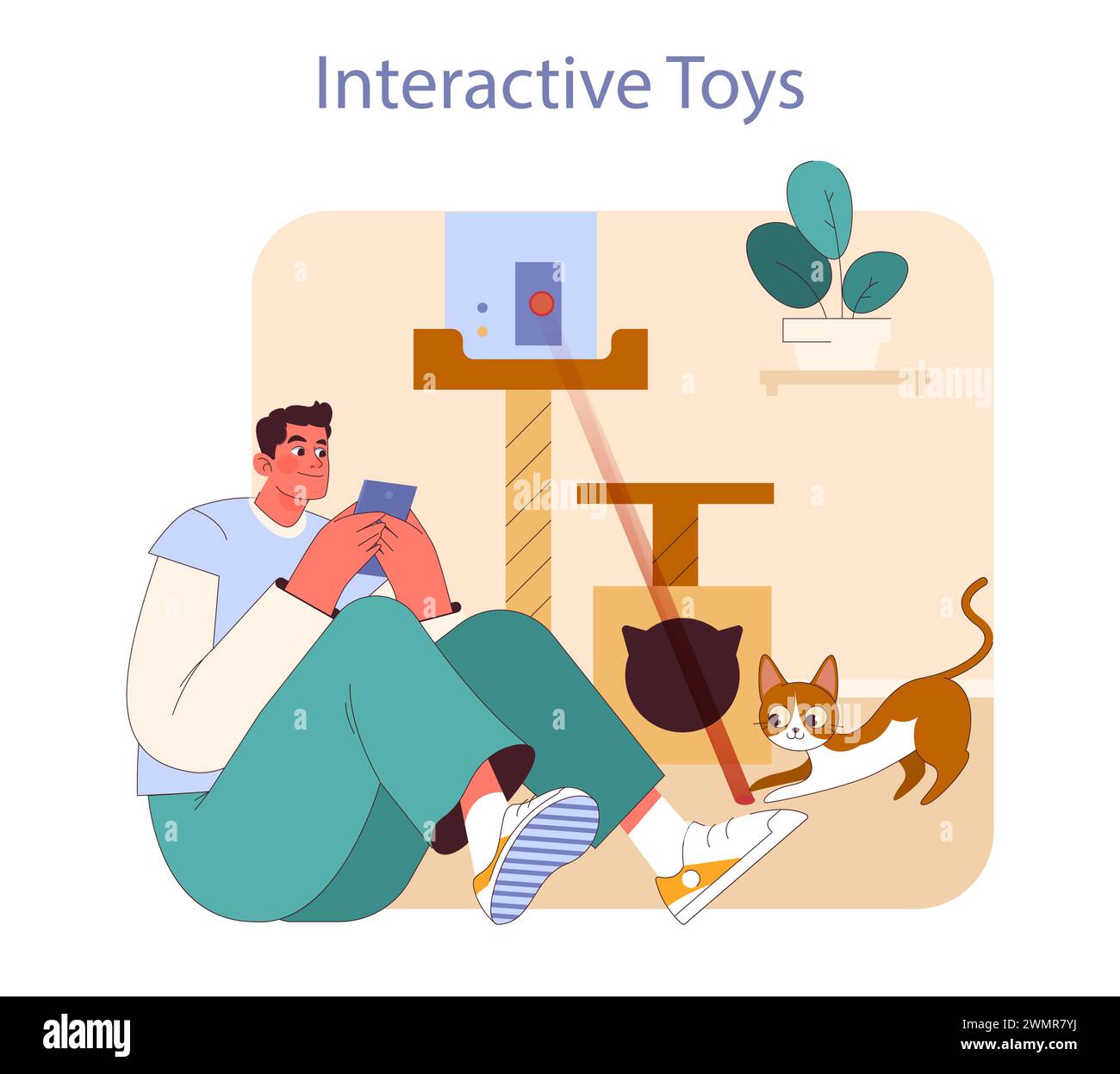 Interactive Toys concept. A man engages his playful cat with a remote ...