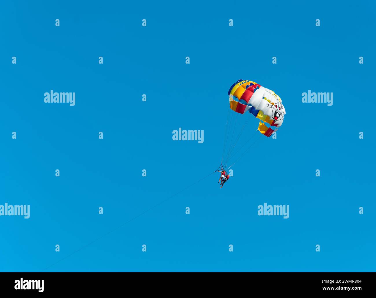 Happy couple parasailing on the beach in summer. A couple under a ...
