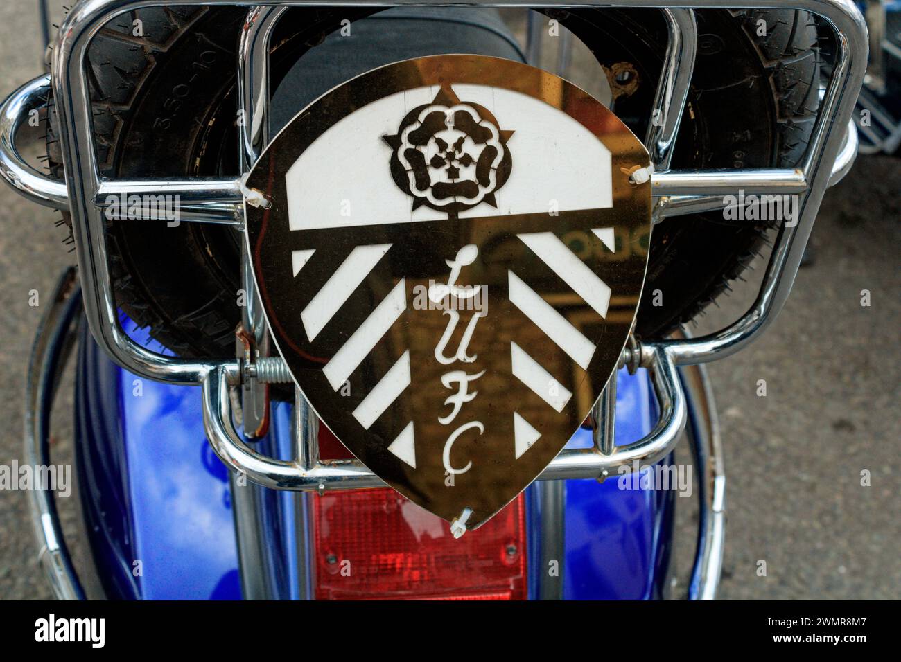 Leeds United shield on the rear of a classic scooter. Ribble Valley ...