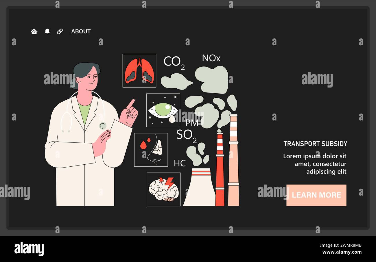 Health risks of air pollution dark or night mode web, landing. Doctor ...