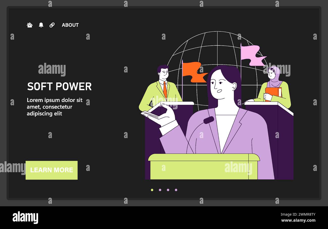 Soft power web or landing. Speaker at podium on global summit ...