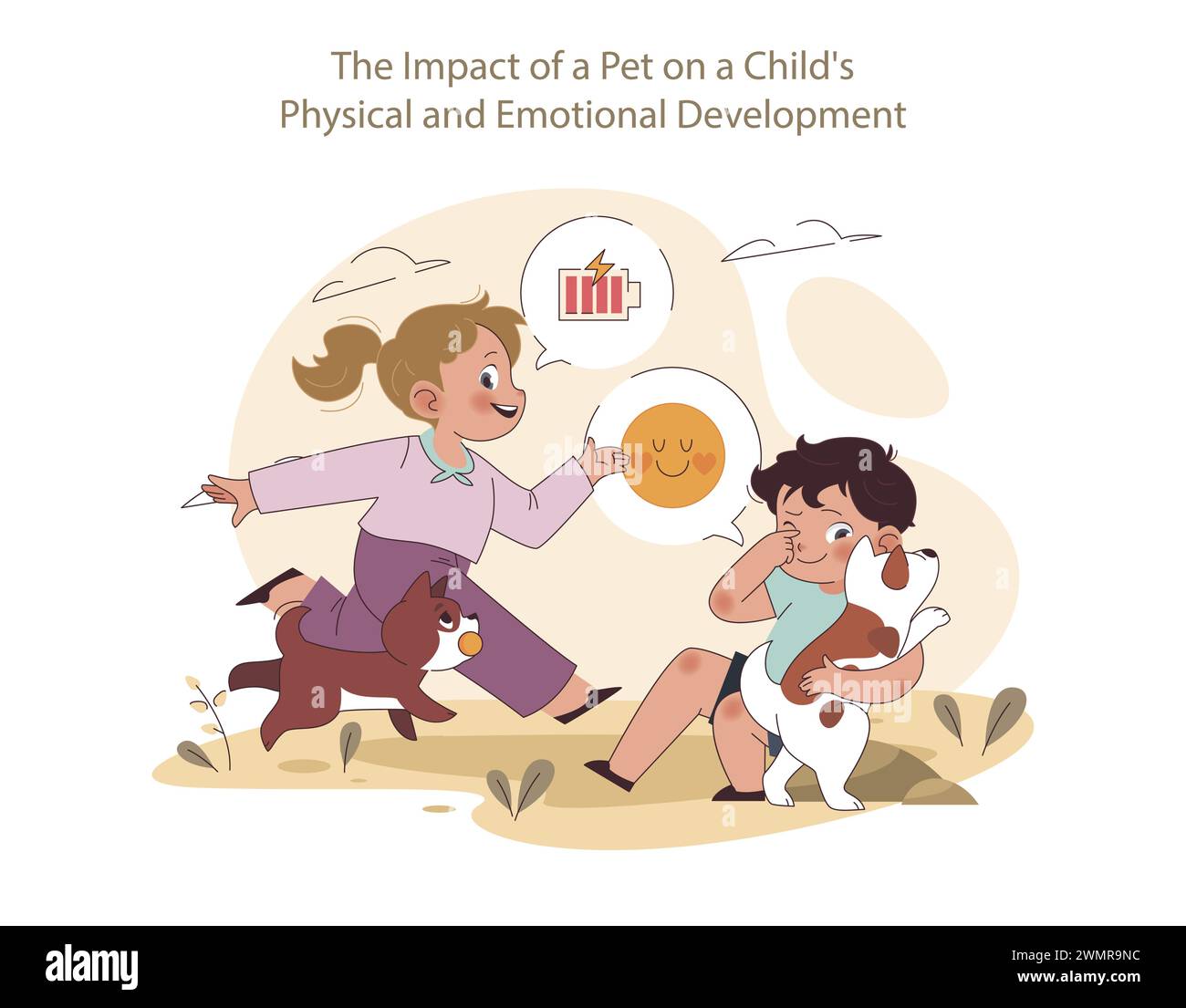 Developmental Bonds concept. Joyful play with a pet enhances a child's ...