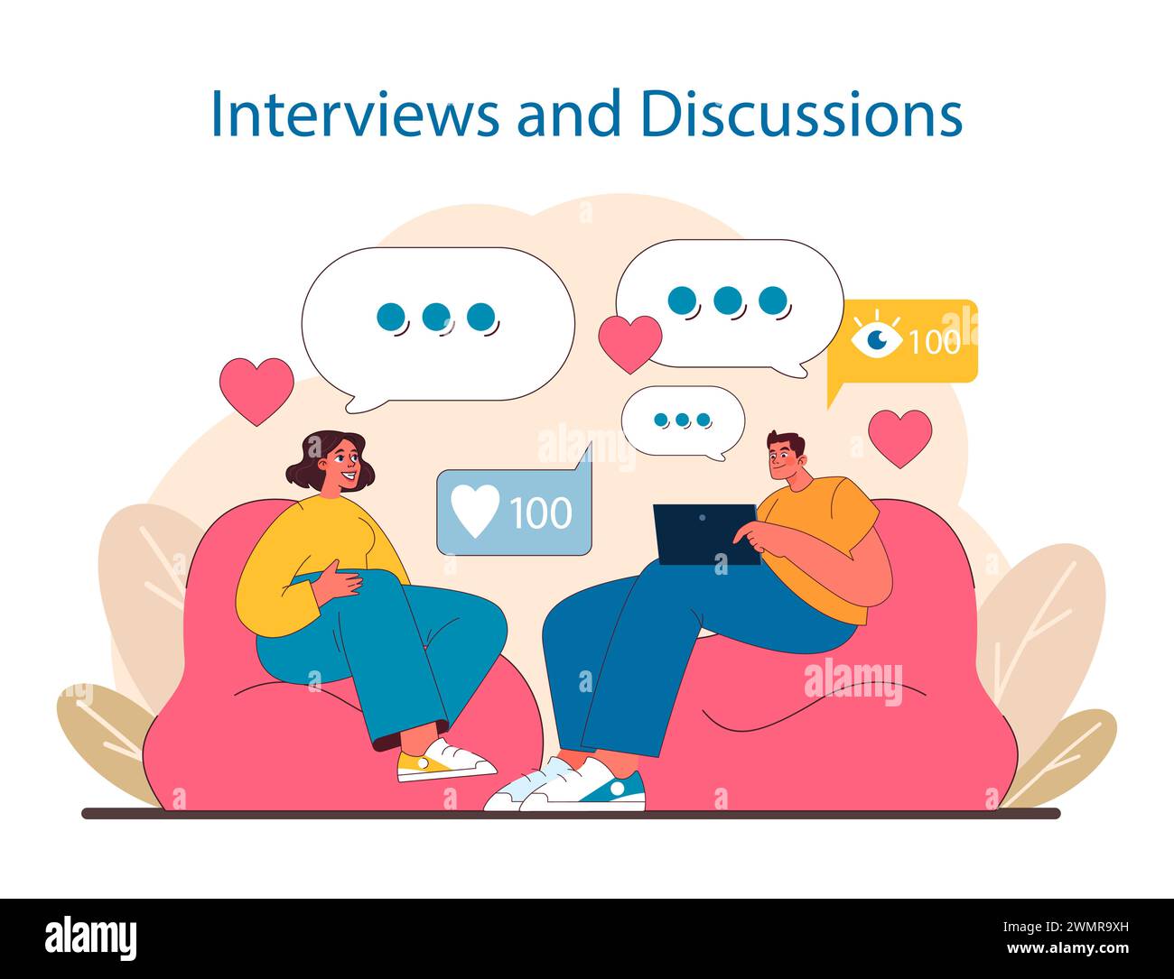 Online Conversations concept. Two people engage in a digital interview ...