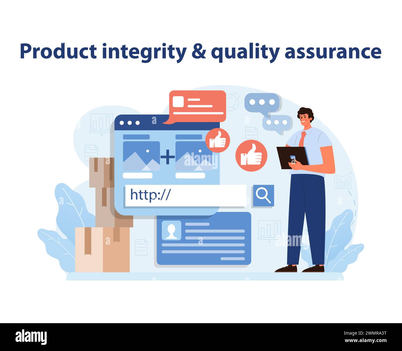 Product Integrity and Quality Assurance Illustration. A professional ensures product standards ...