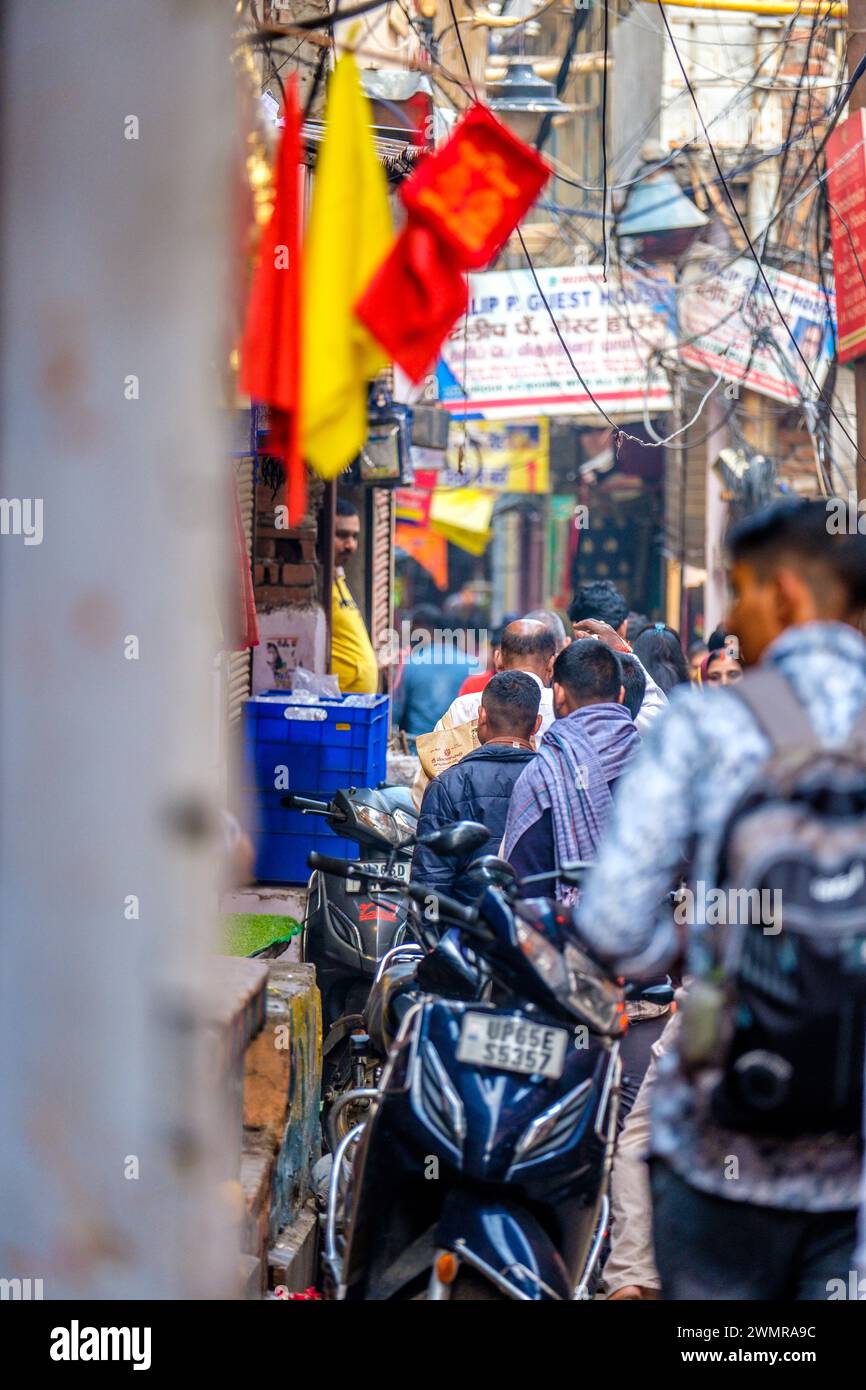 Crowded lanes near The Ghats at Varanasi on the Ganges in India Stock ...