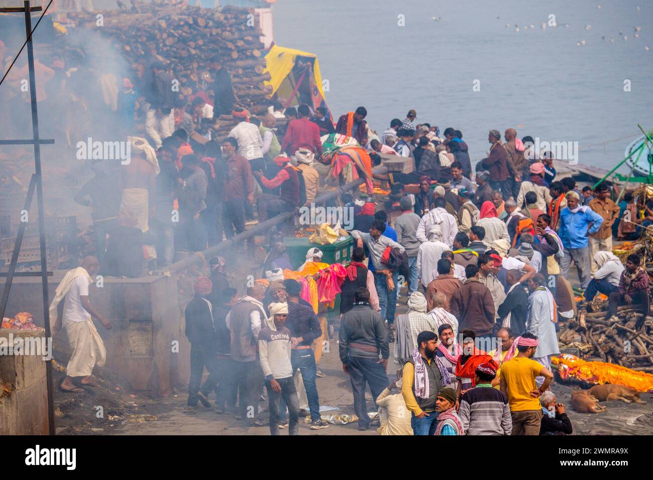The burning Ghats (cremation areas) of The Ghats at Varanasi on the ...