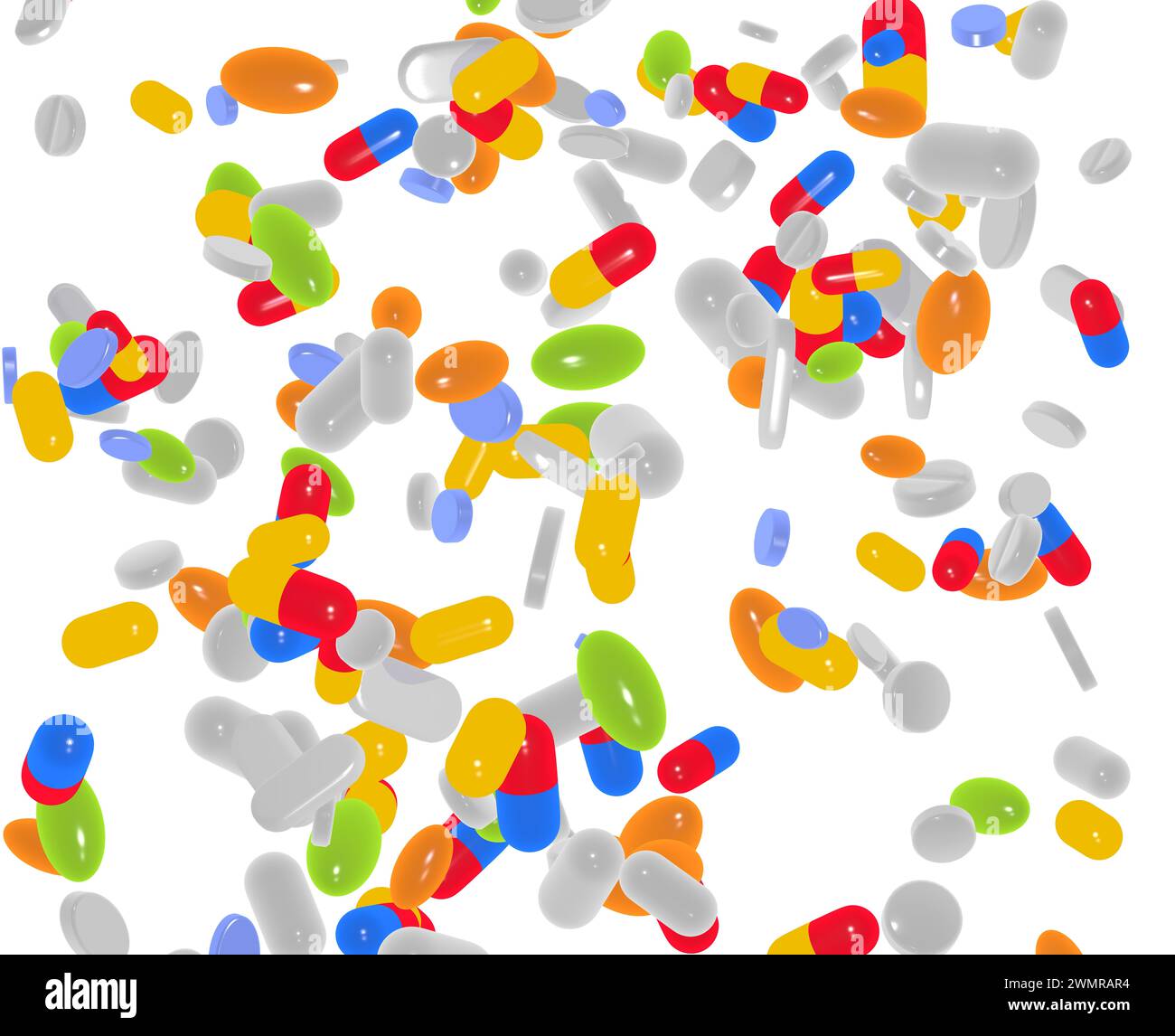 3d illustration of capsules and tablets of various medicines. Floating ...