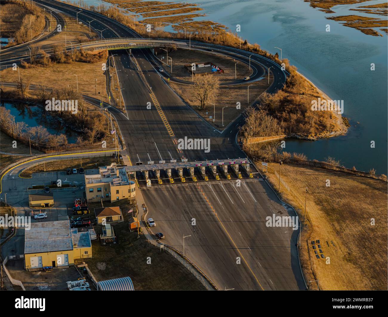 An aerial view of The Atlantic Beach Bridge, during a golden sunrise ...