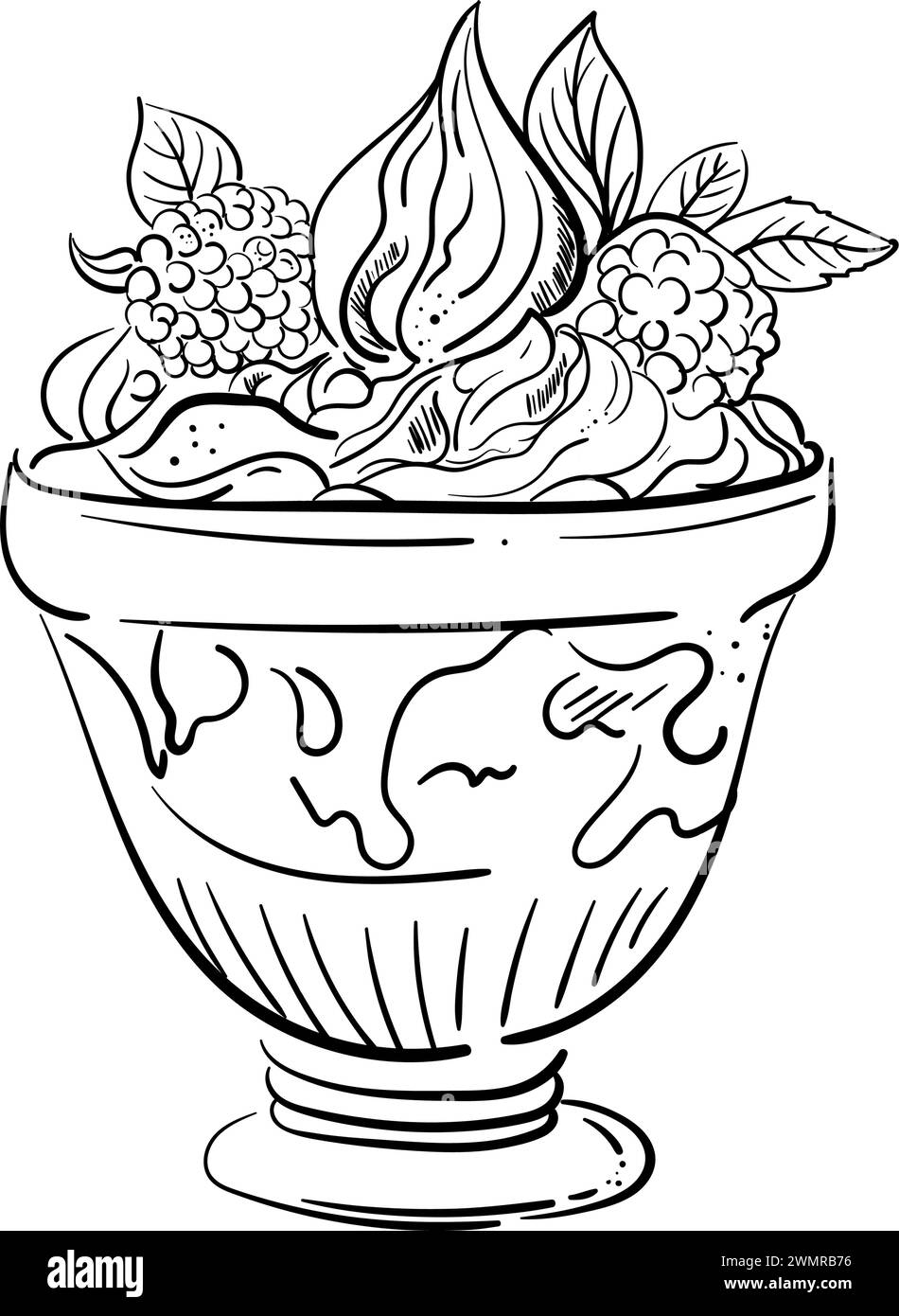 Ice whipped cream raspberry desert. Sketch Han d drawn illustration ...