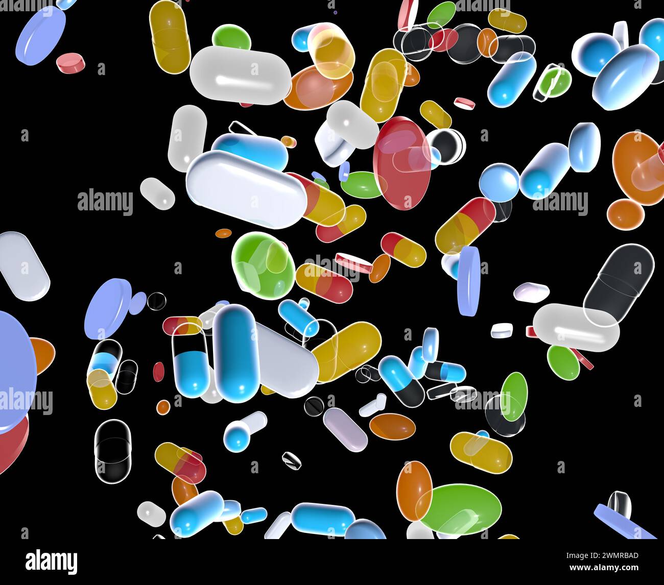 3d illustration of medicine capsules and tablets with various graphic ...