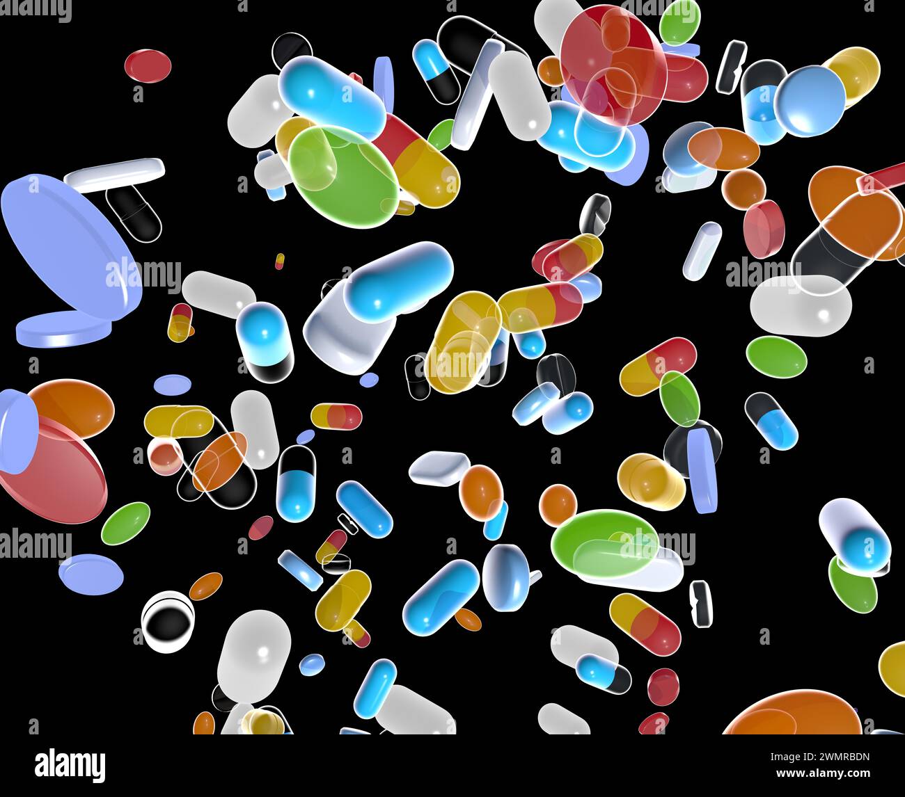 3d illustration of medicine capsules and tablets with various graphic styles. Floating in the ...
