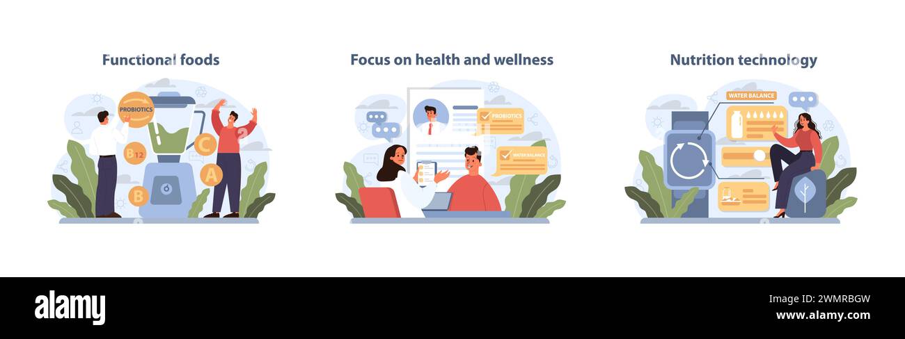 Dietary Trends Vector Set. Highlights the benefits of functional foods ...