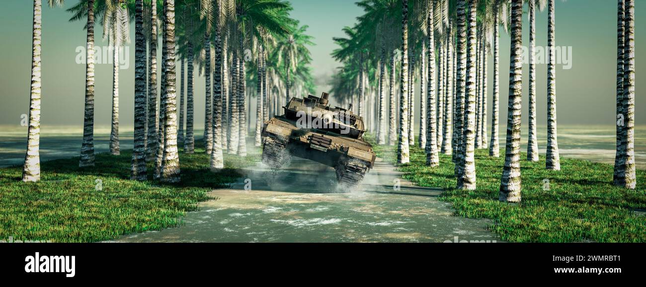 Armored Military Tank Advancing Through a Serene Palm Grove Stock Photo ...