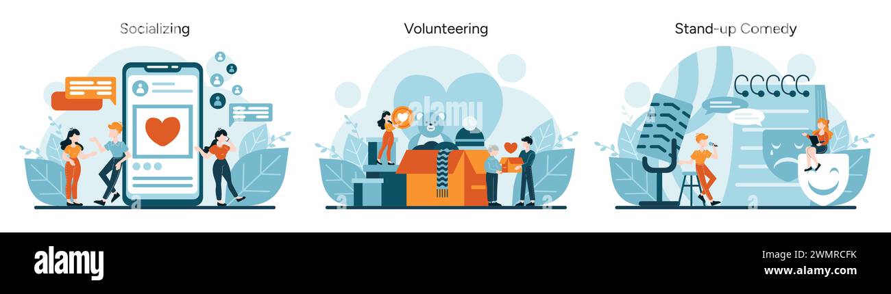 Community Engagement set. Digital interactions, charitable work, and ...