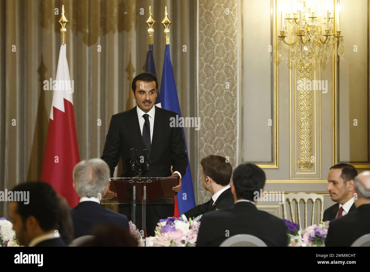 Qatar's Emir Sheikh Tamim bin Hamad Al Thani delivers a speech during a ...