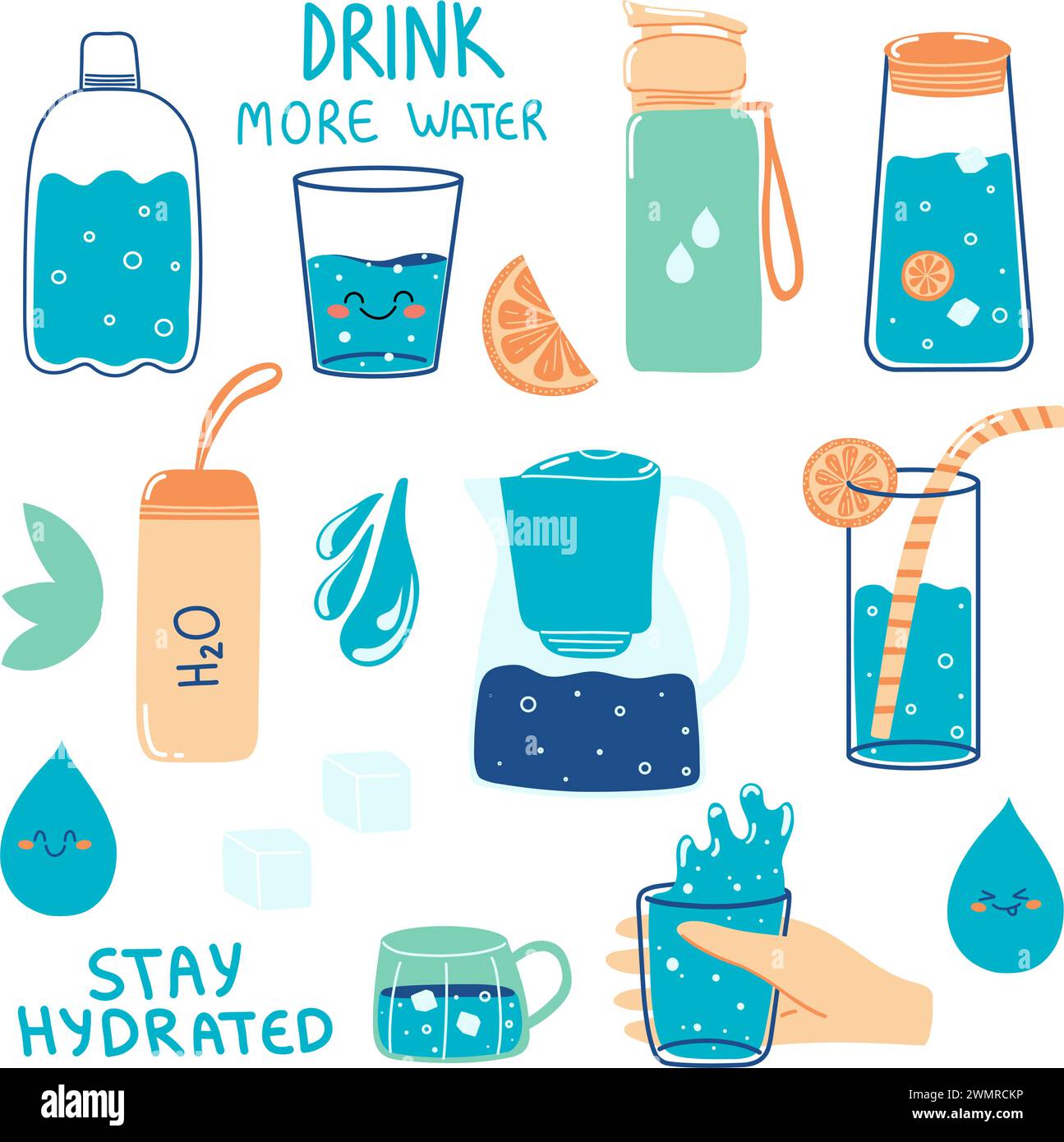 Set Of Hand Drawn Glass Bottle With Water Concept Of Drinking More