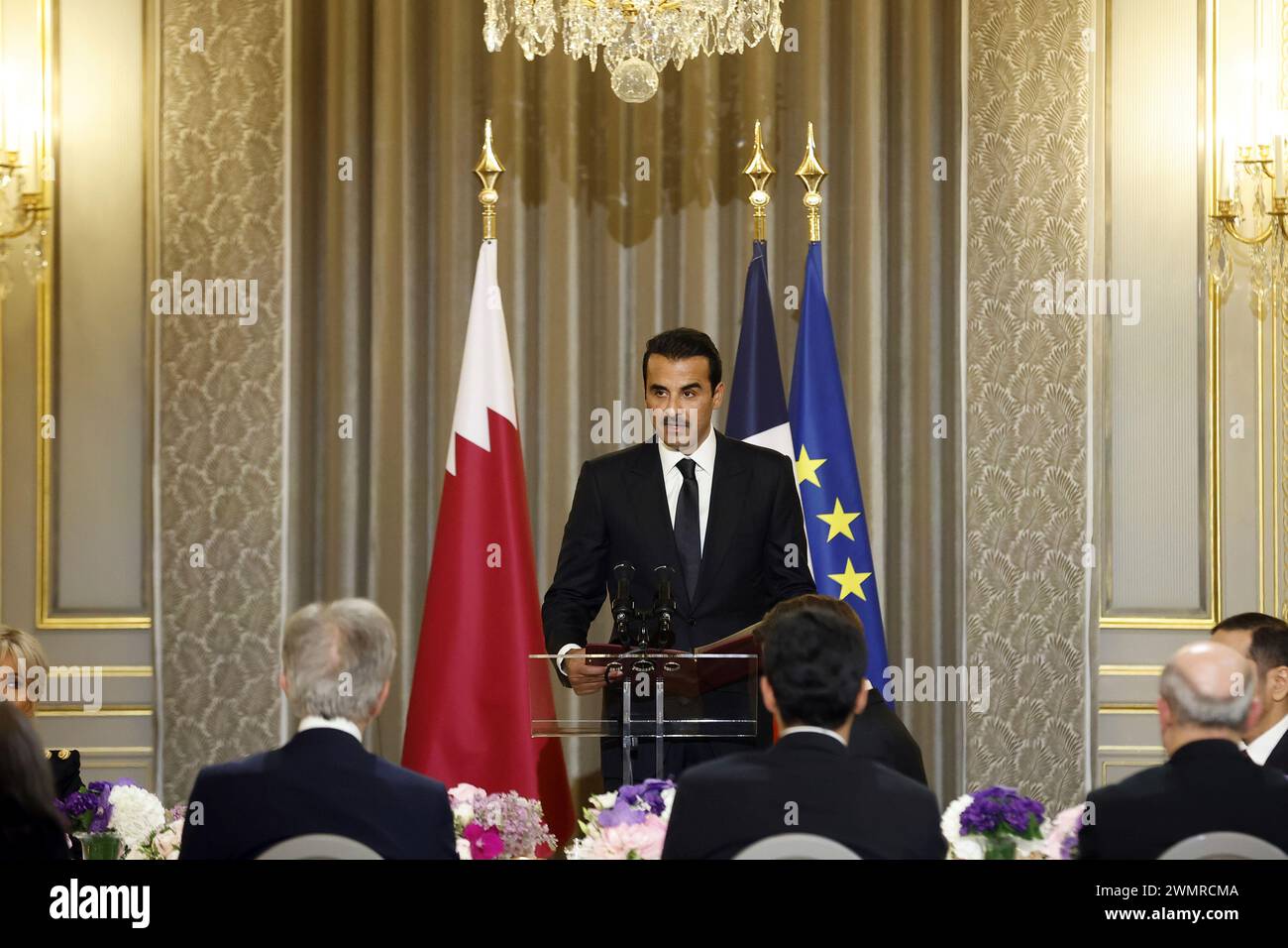 Qatar's Emir Sheikh Tamim bin Hamad Al Thani delivers a speech during a ...