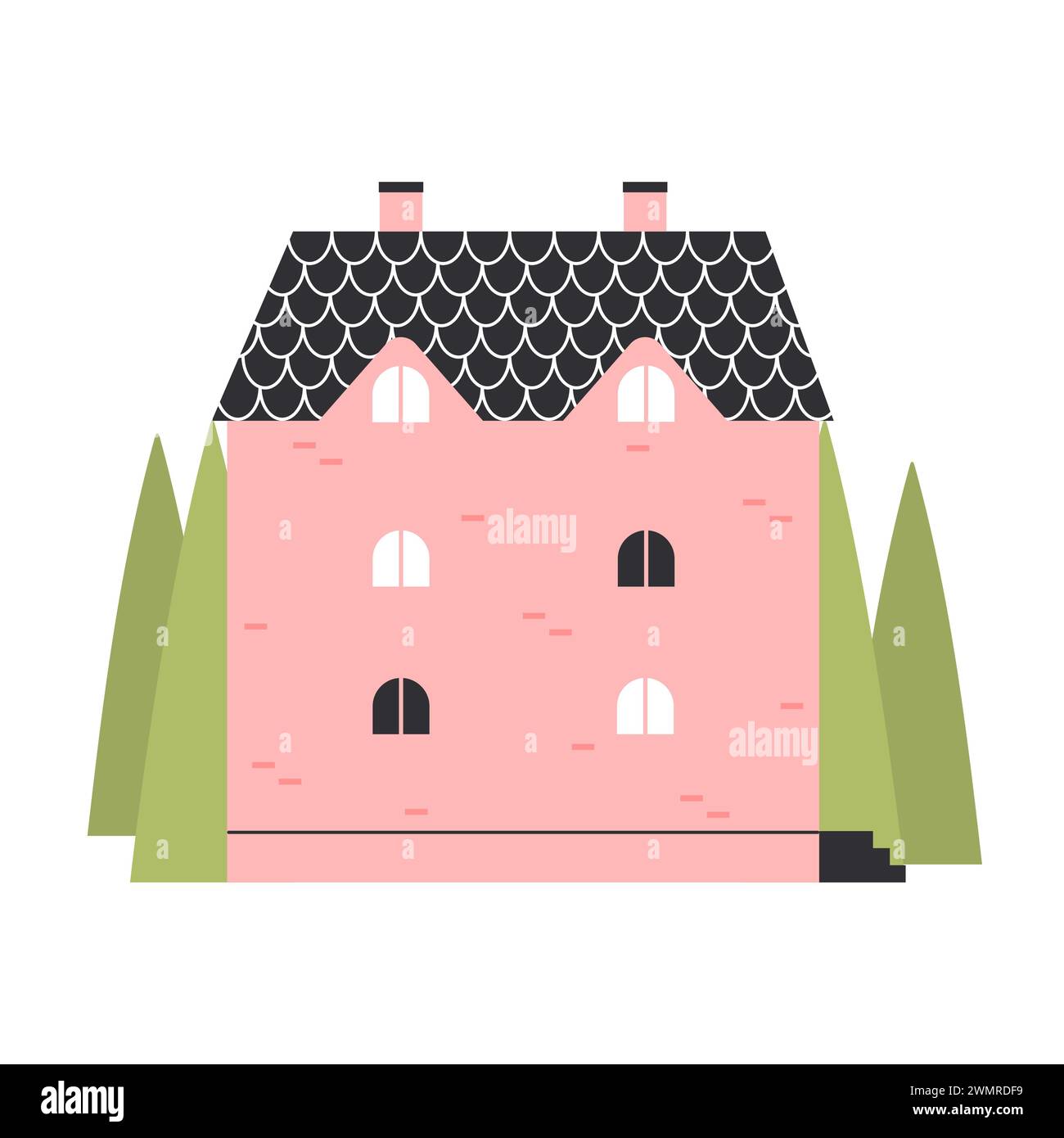 Tiny residential house. Cute village building with windows, front view ...