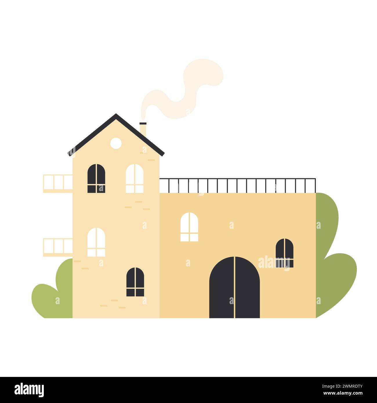 Front view of tiny village house. Countryside cozy cottage, residential ...