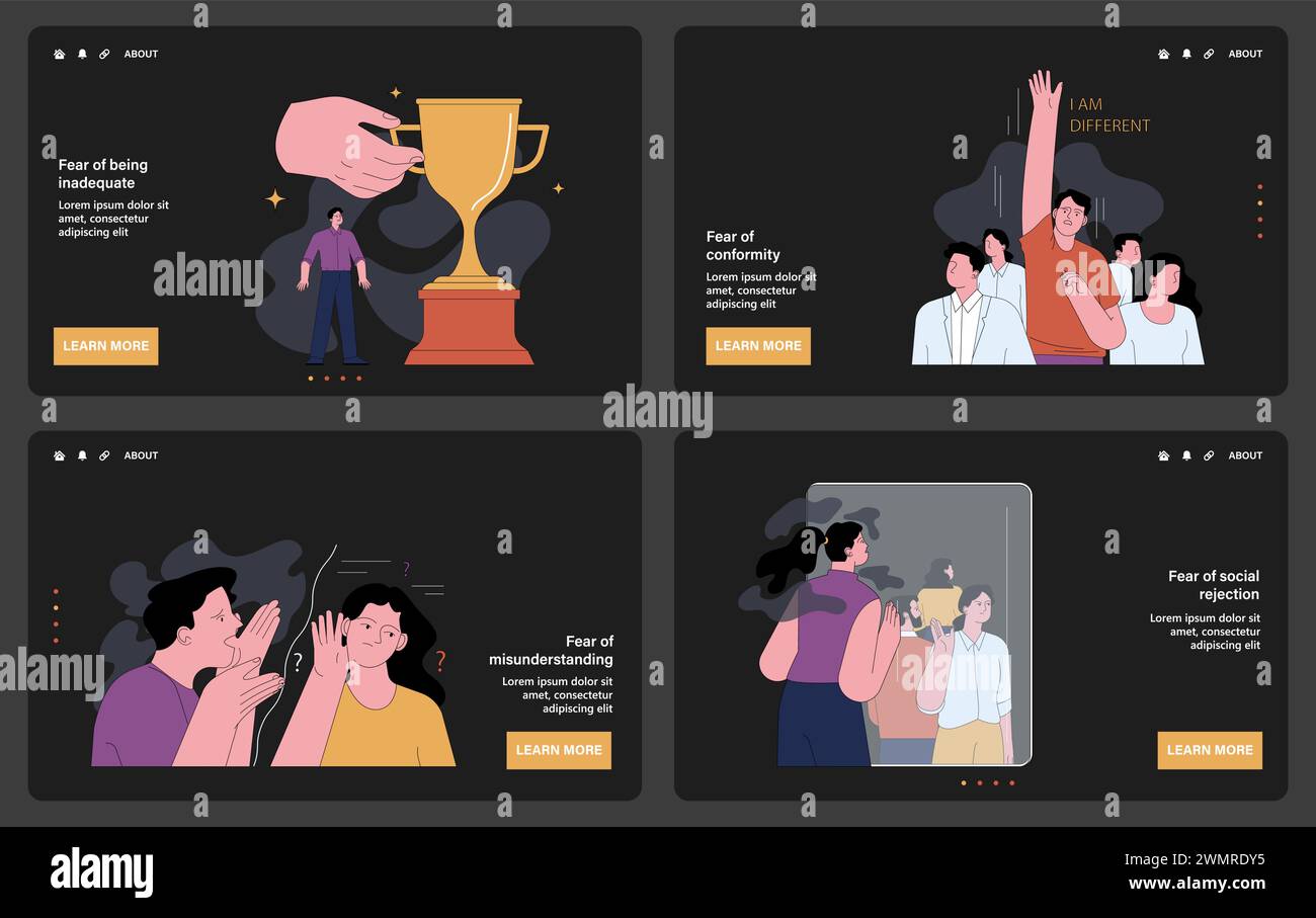 Human fears dark or night mode web, landing set. Scared characters ...