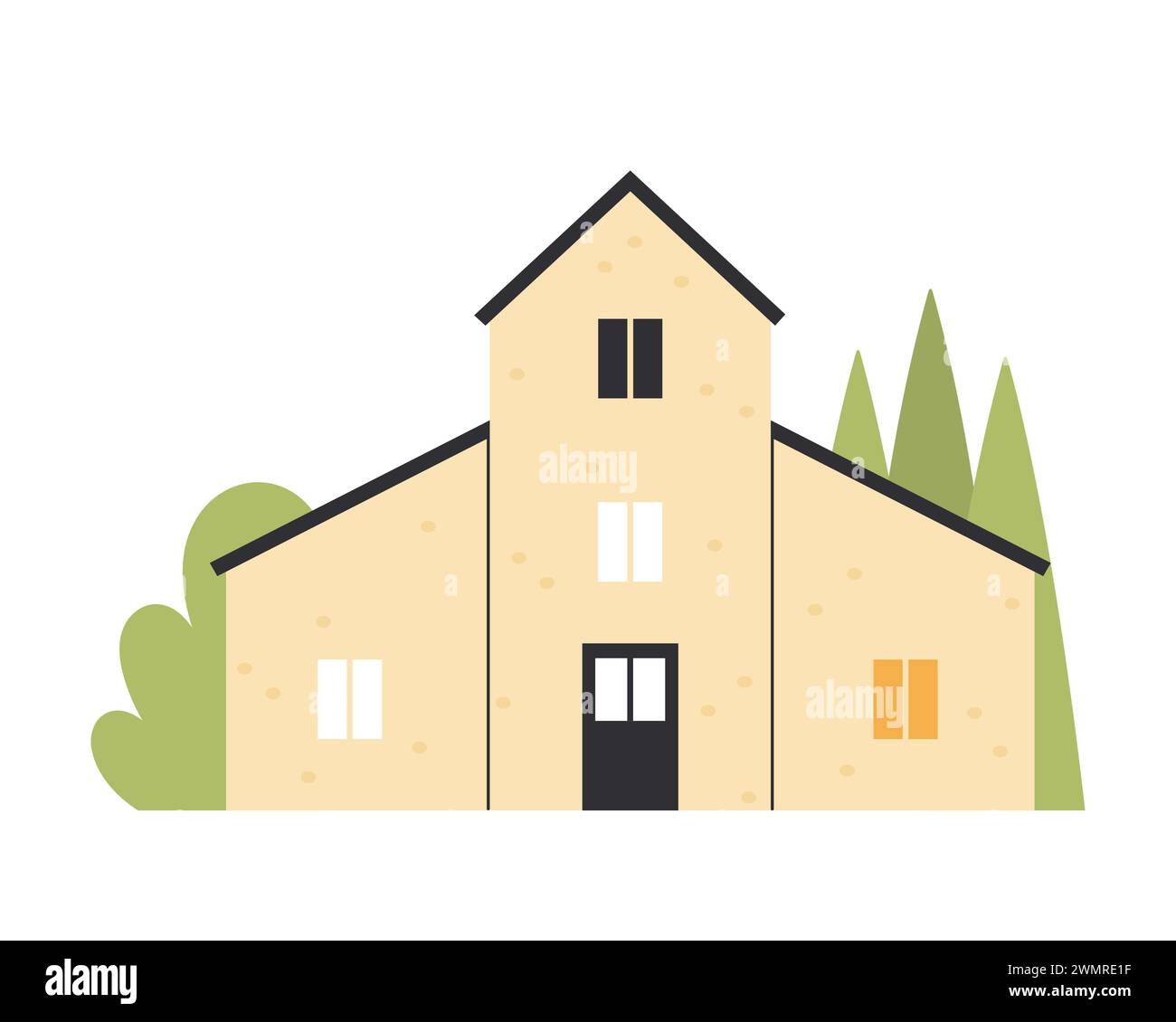 Countryside rural villa. Residential small cottage, front view building ...