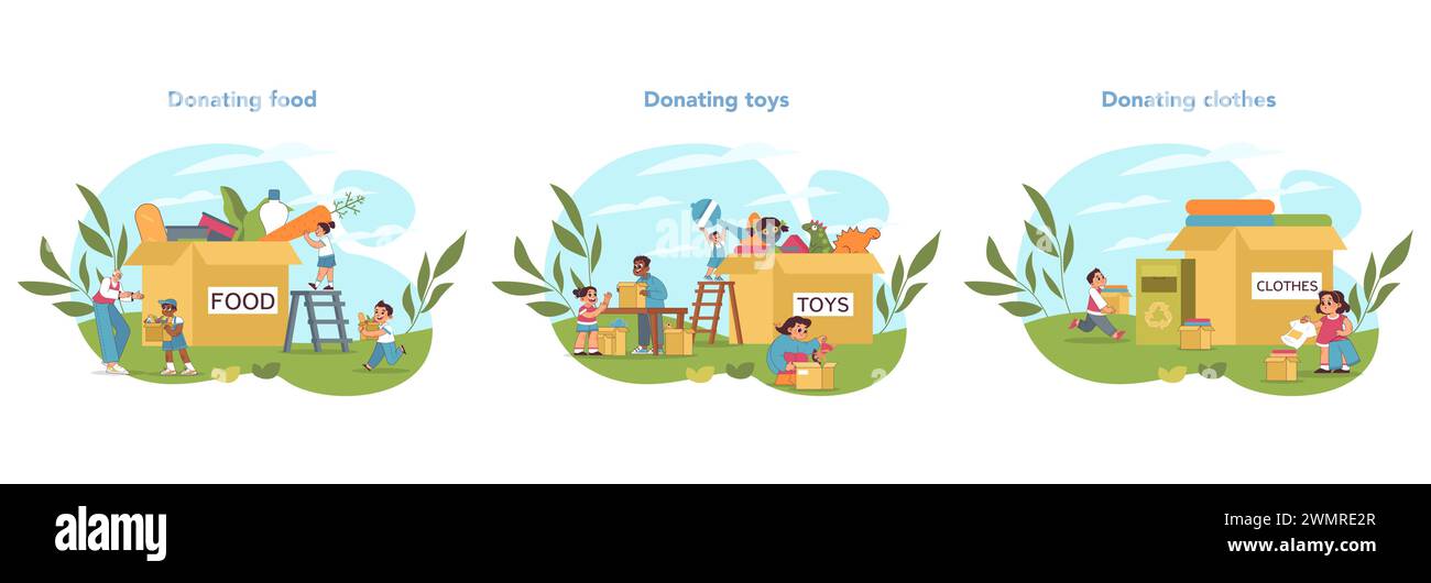 Charity acts set. Children engage in food, toy, and clothing donations ...