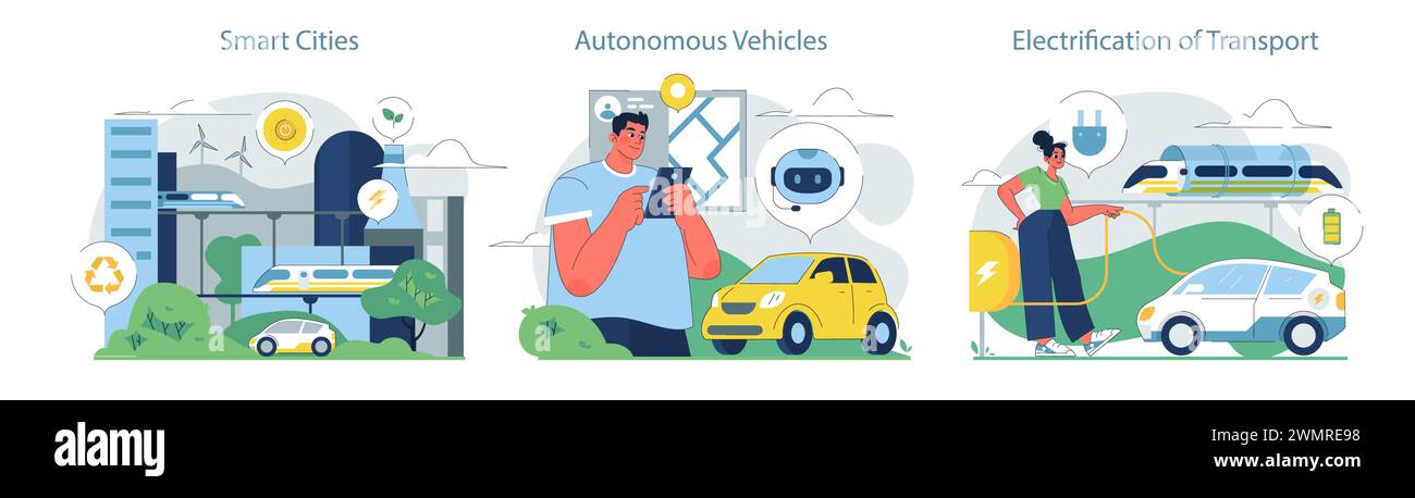 Urban Transportation Methods set. Future of travel in urban landscapes ...
