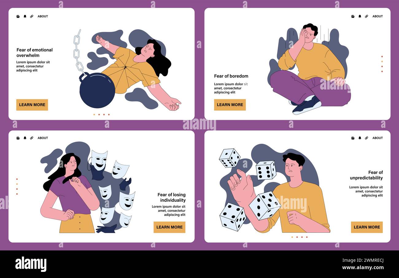 Human fears web or landing set. Scared characters confronting personal ...