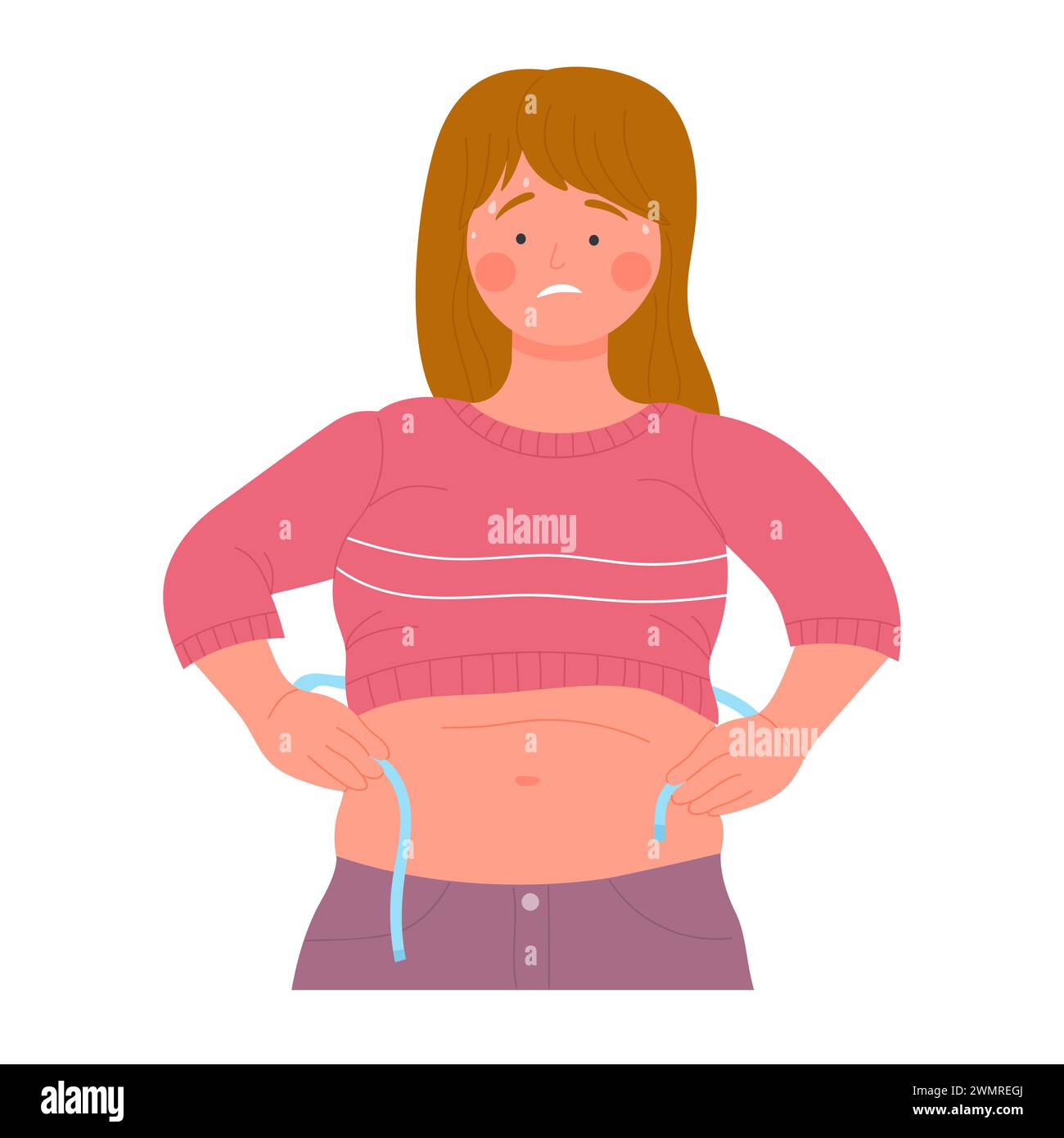 Overweight woman with measuring tape. Unhappy plus size woman cartoon ...
